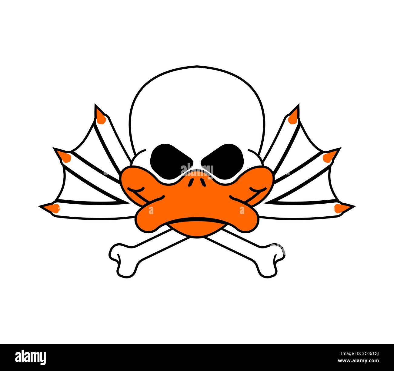 Duck skull with crossbones and wings in a cartoonish design. A bold ...