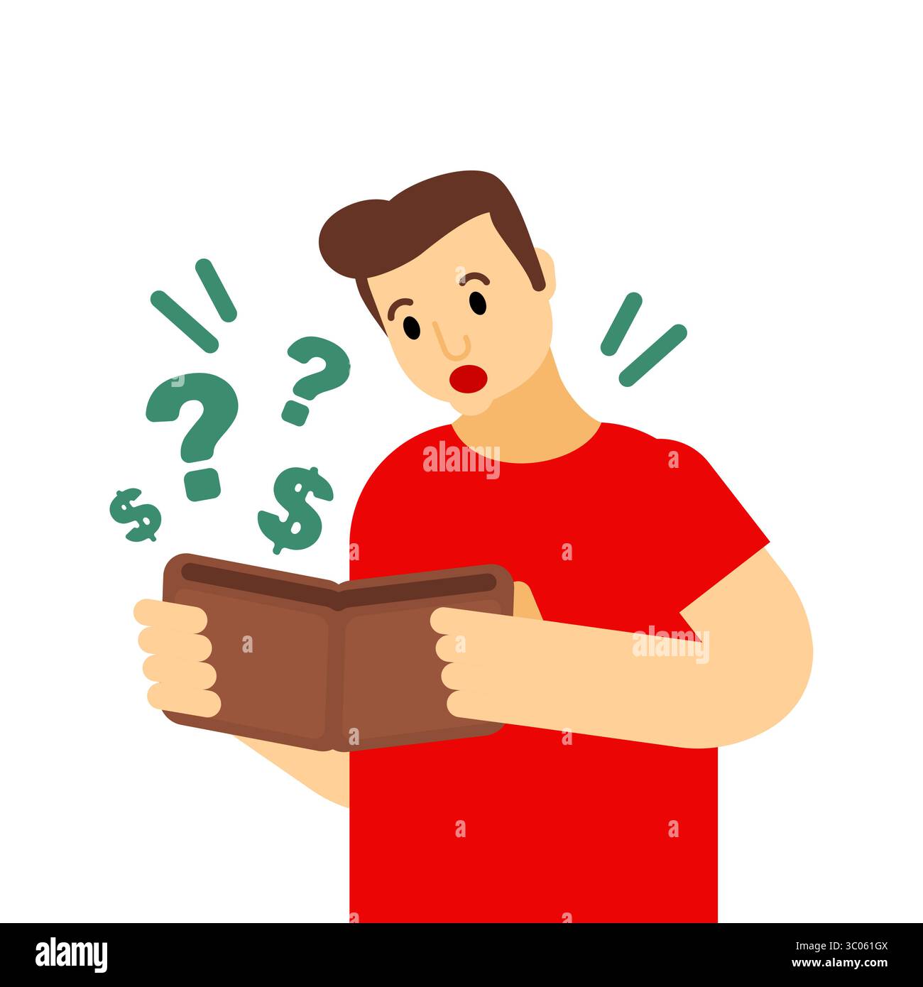 surprised man in a red shirt looks into his empty wallet. Dollar signs ...