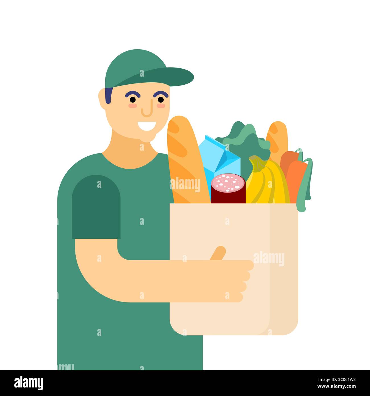 Delivery man in green uniform carrying an eco-friendly food package ...