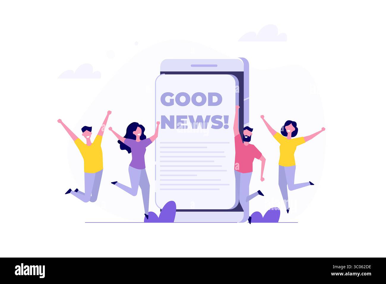 People getting good news concept, positive information from phone. Flat ...