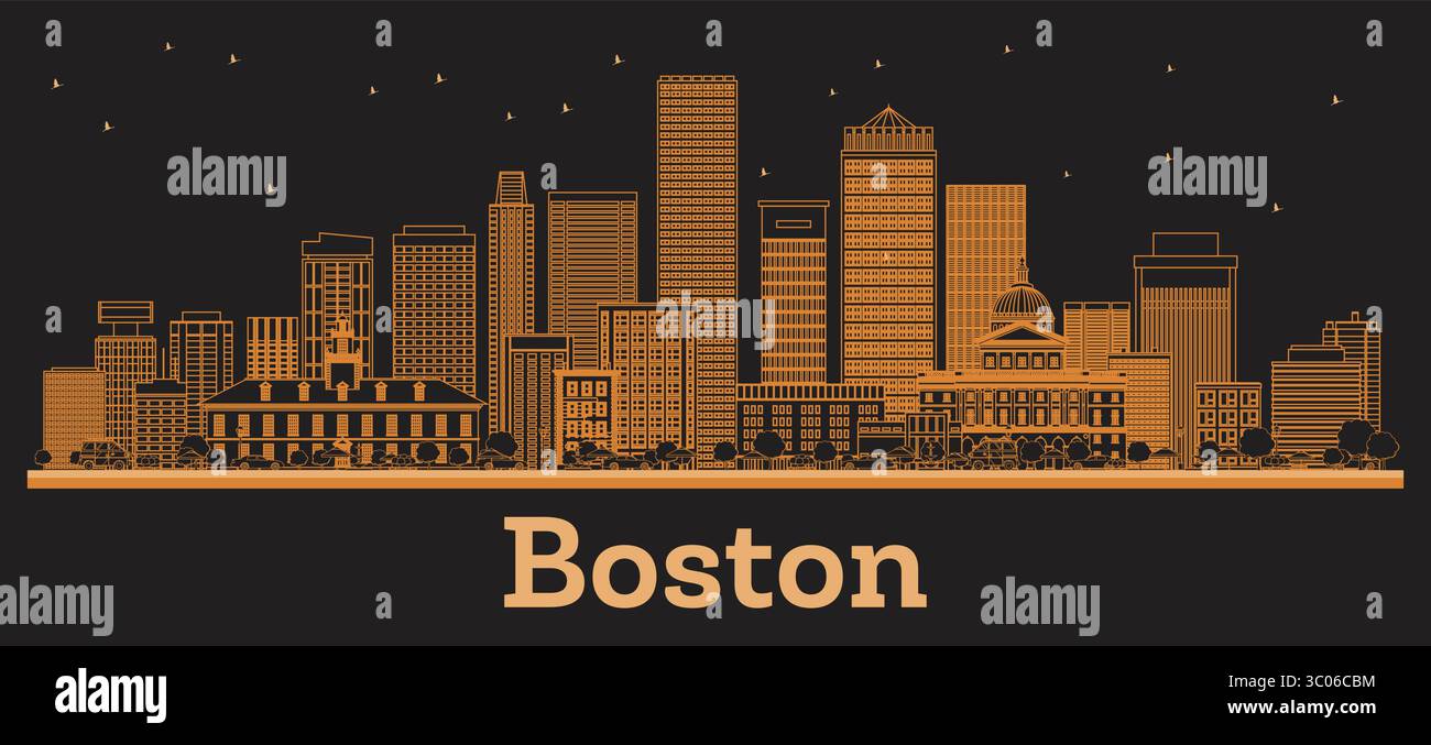 Outline Boston Massachusetts City Skyline with orange Buildings. Vector ...
