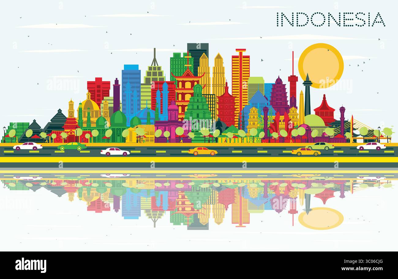 Indonesia Cities Skyline with color Buildings, Blue Sky and Reflections ...