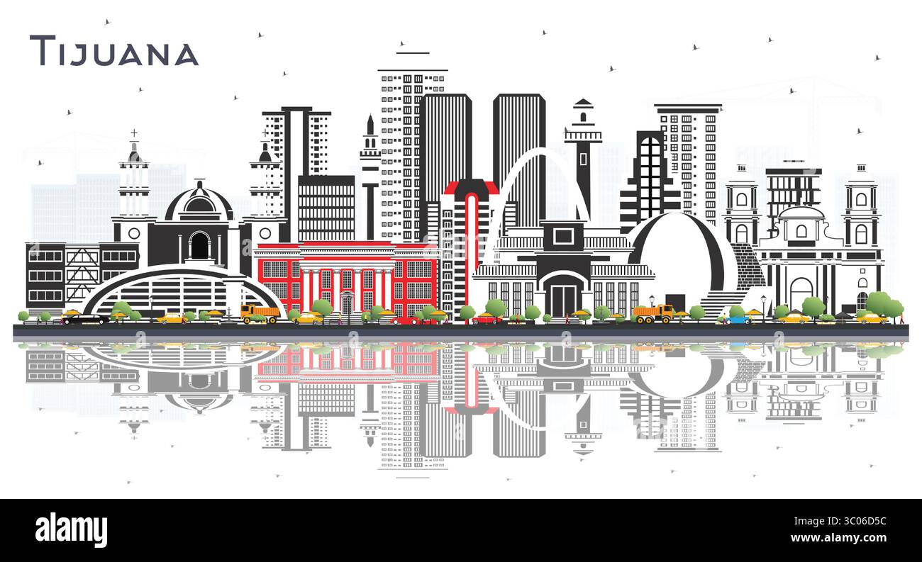 Tijuana Mexico City Skyline with Color Buildings and reflections ...
