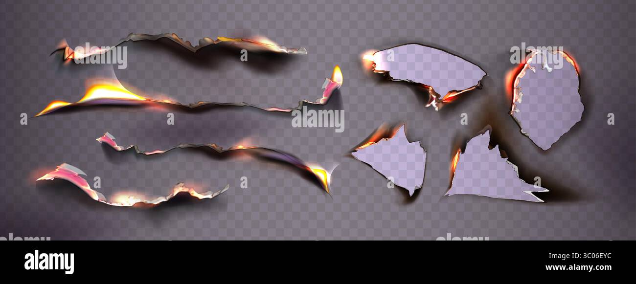 Burning paper flame frame set with glowing orange fire edges, charred ...