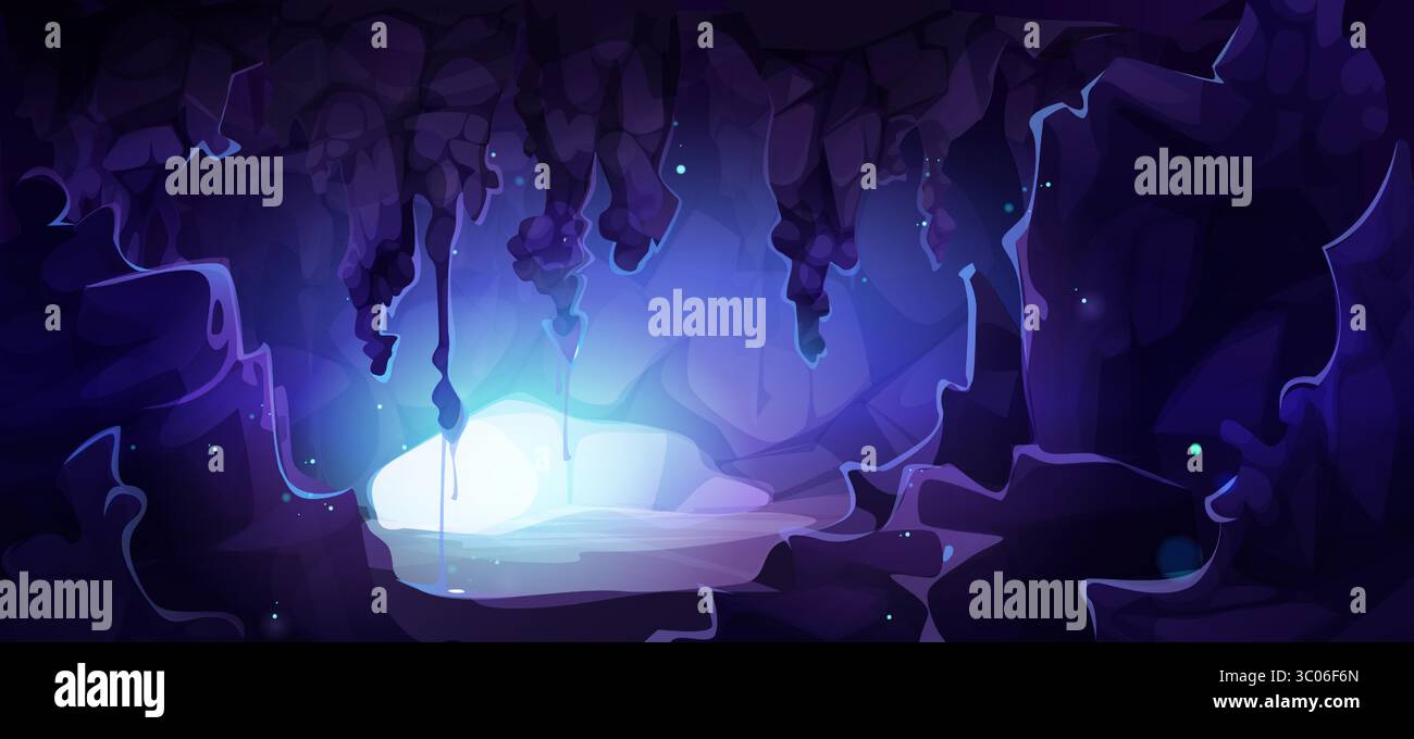 Magic cave interior with glowing blue light streaming through entrance ...