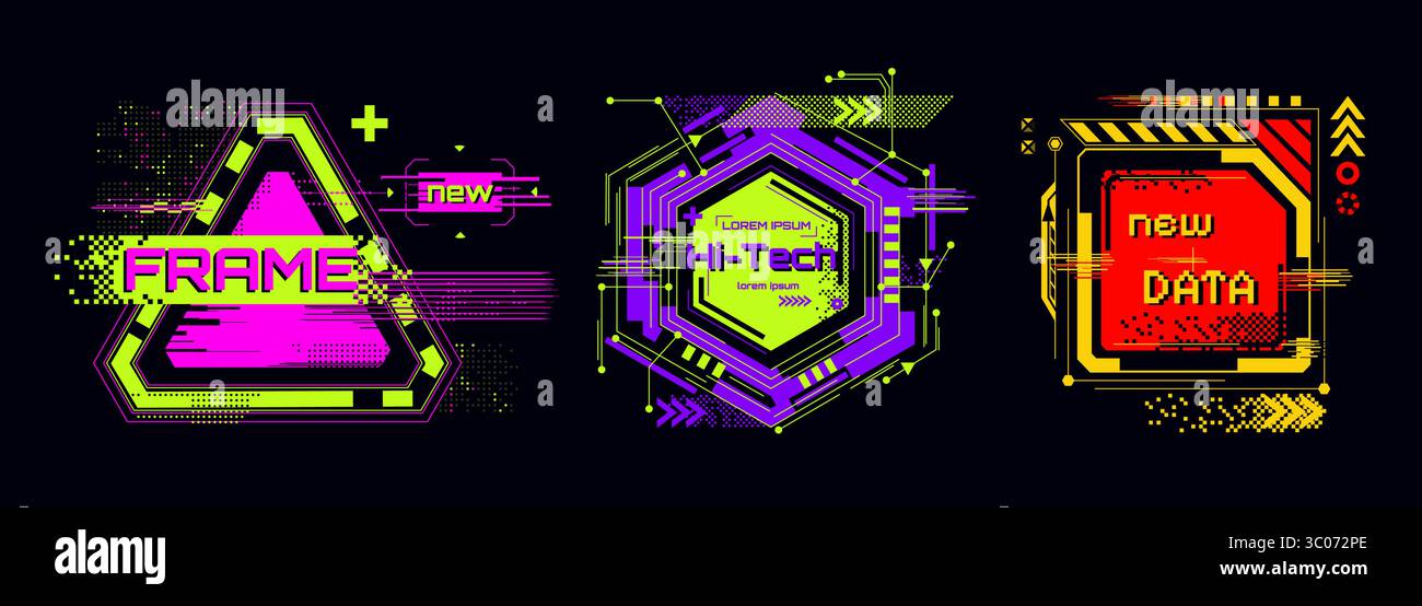 Cyberpunk glitch frame set with neon colors - futuristic hi tech ...