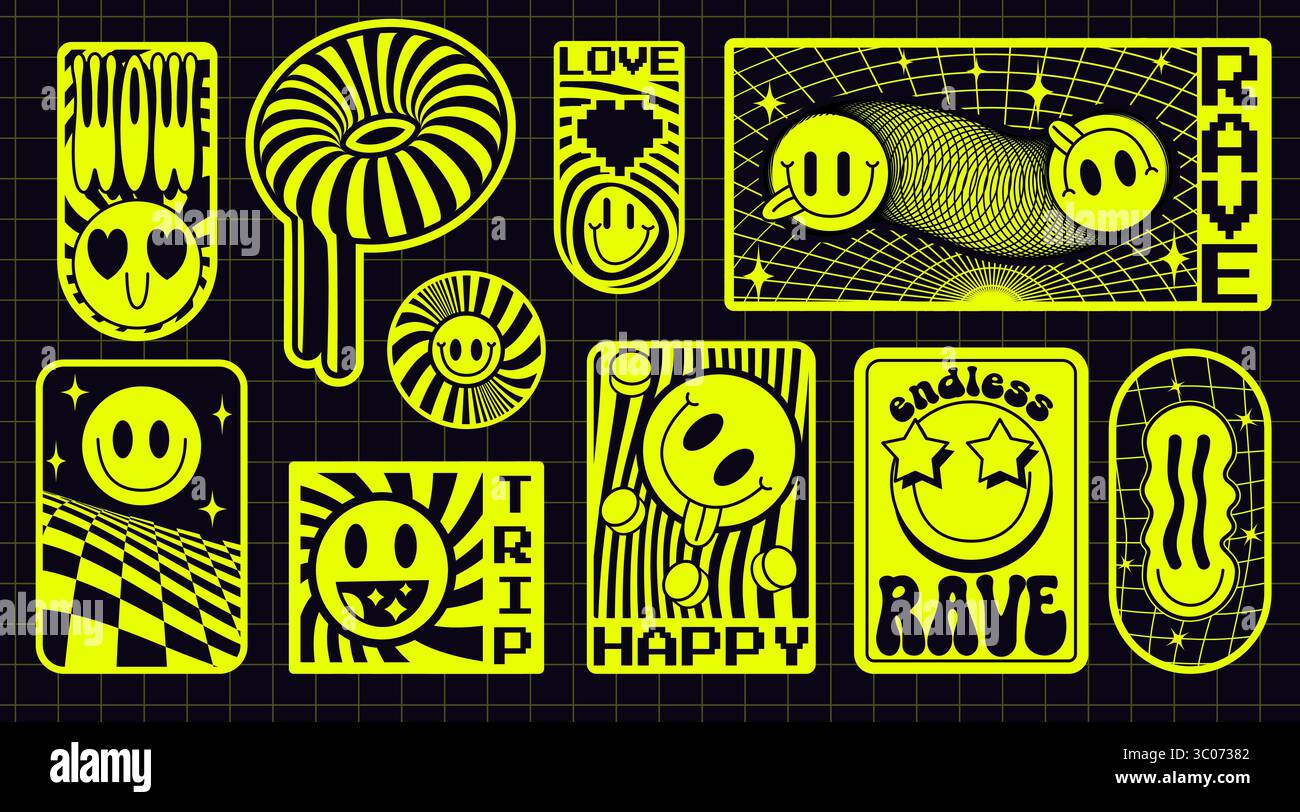 Electric yellow rave sticker collection on grid - heart eyes face ...