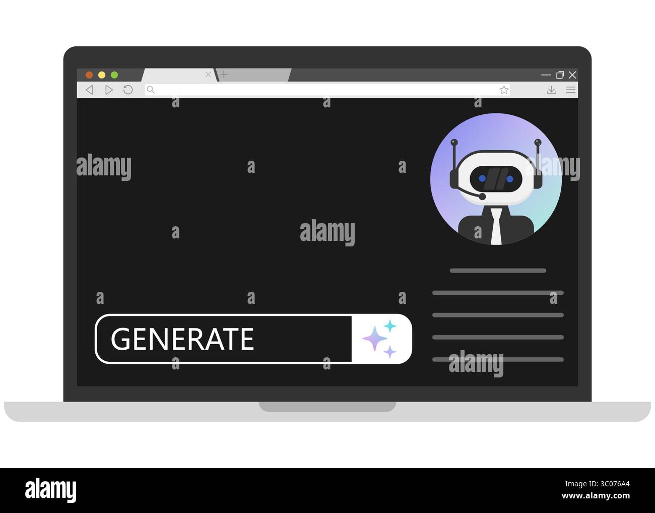 Flat illustration of a laptop showing AI chatbot avatar and generate ...