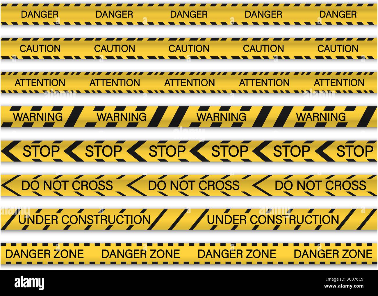 Set of 3D warning tapes with reflective effect and warning text ...
