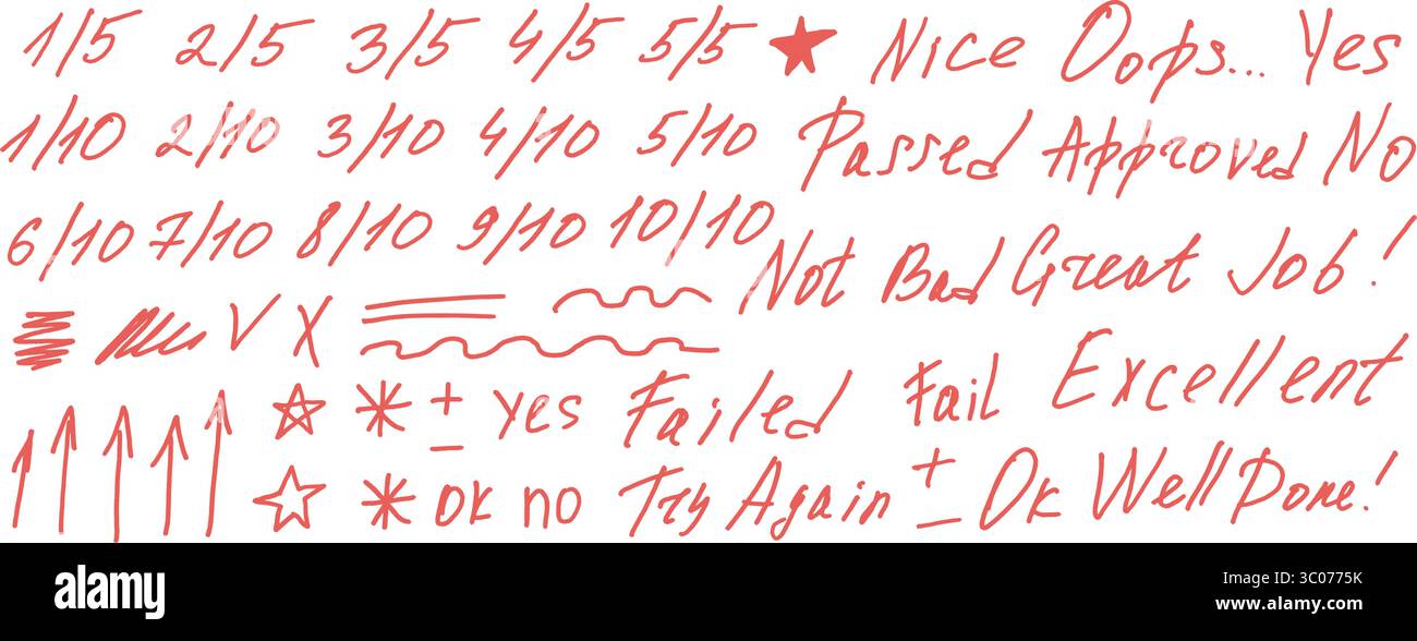 Exam grade five and ten point rating system marks doodle style set ...