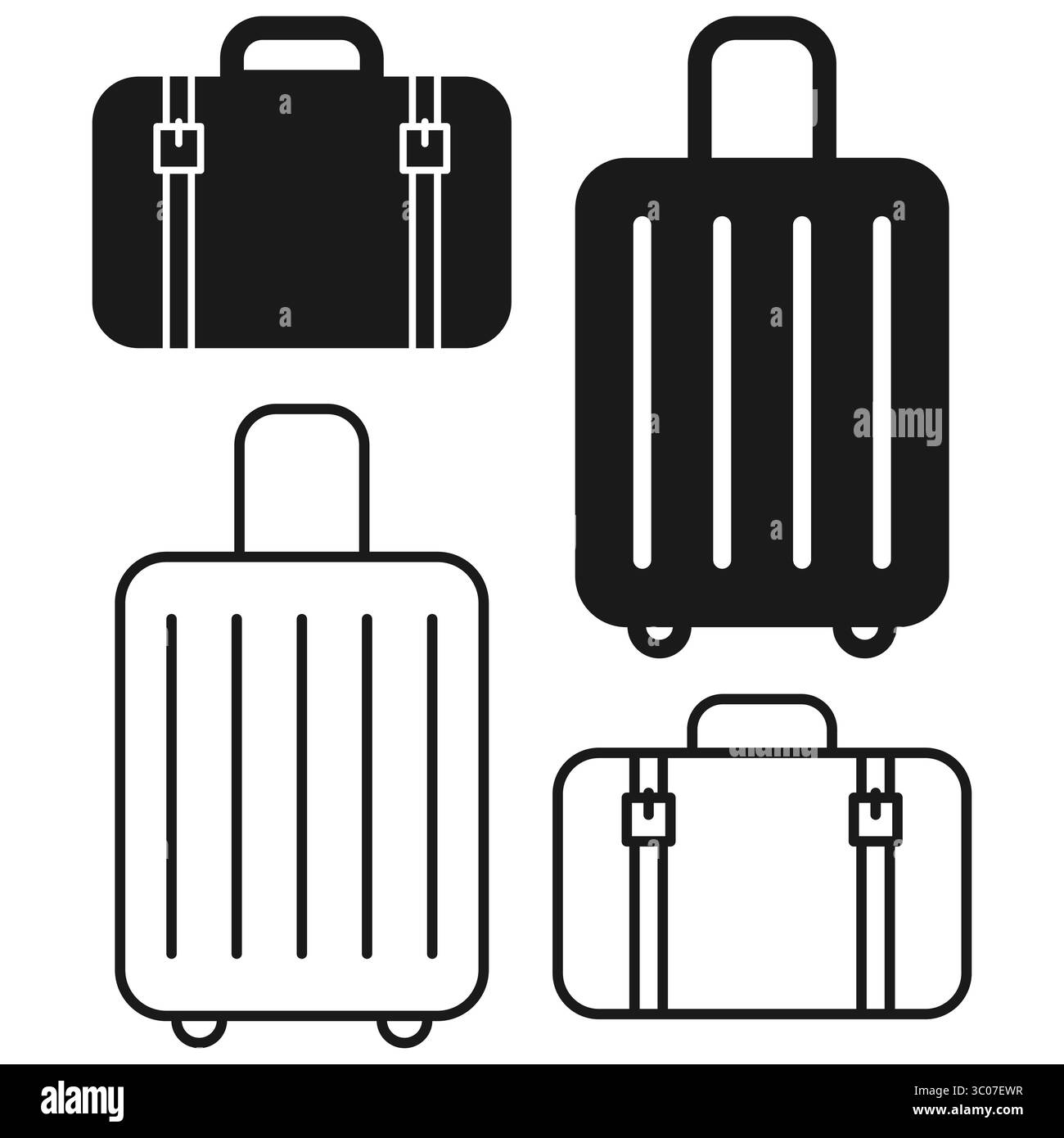 Set of minimalistic black and white icons representing different types of suitcases and travel ...