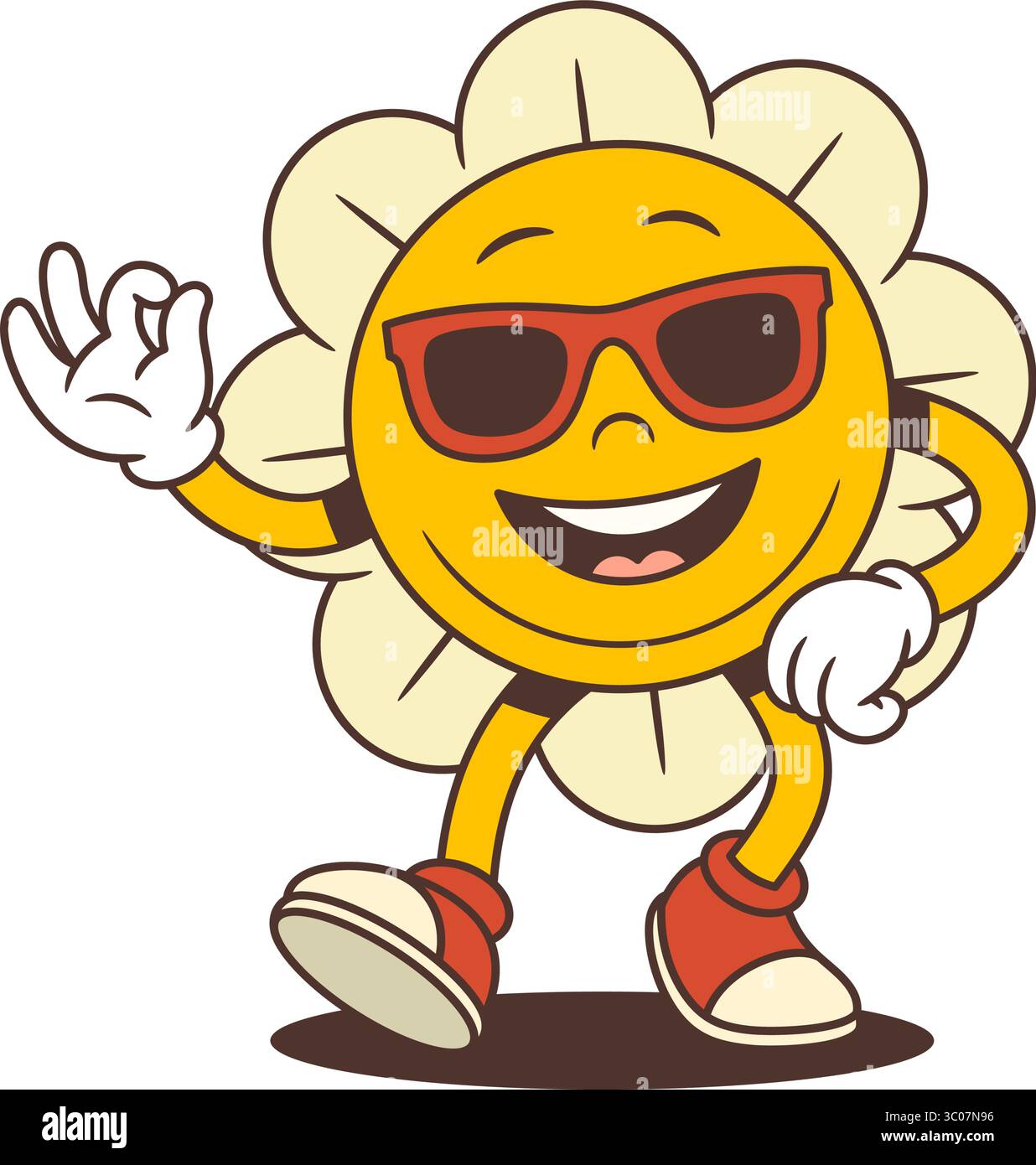 Playful flower mascot smiling broadly and giving ok sign to show ...