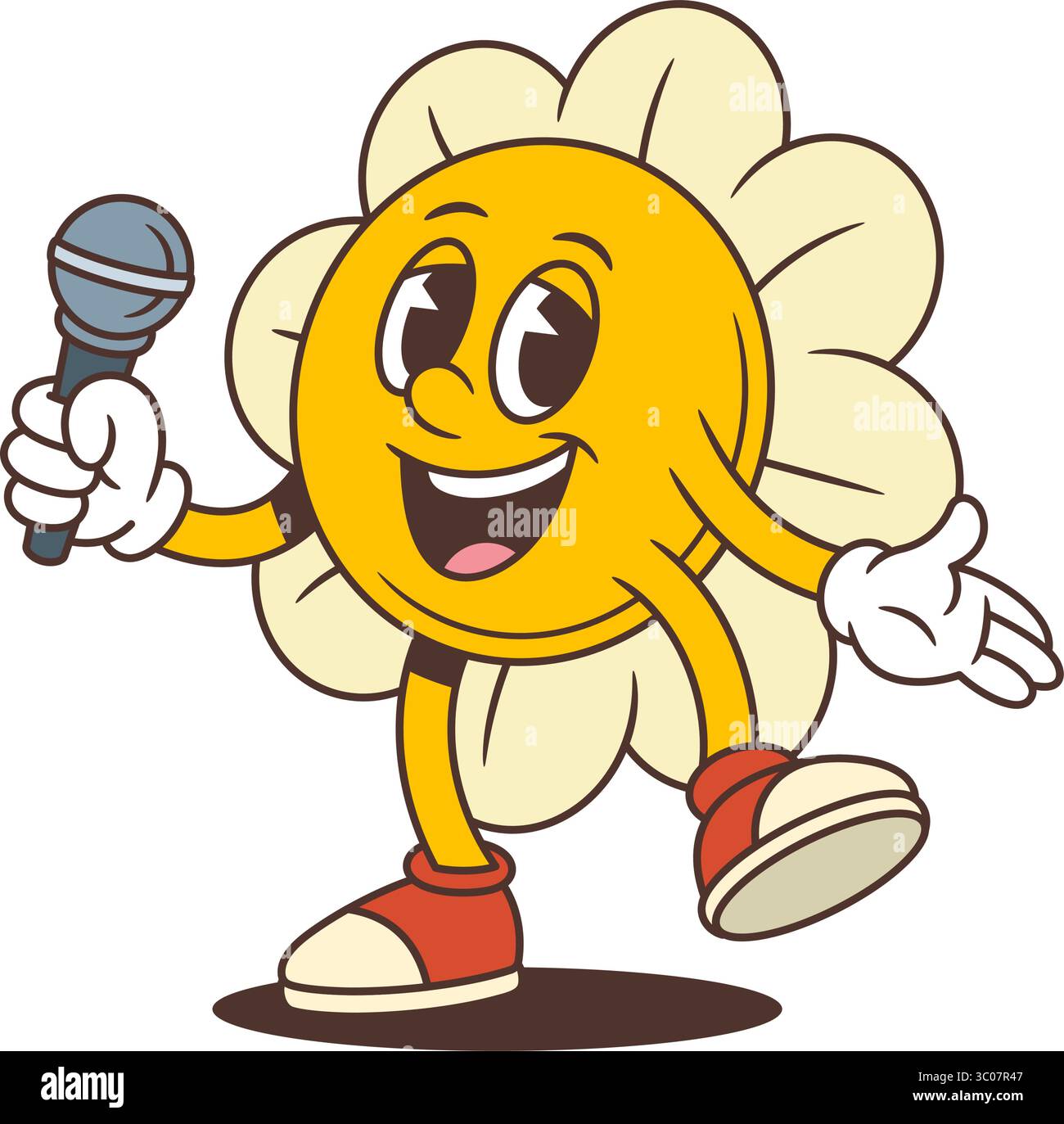 Expressive flower mascot singing into a microphone with passion and ...