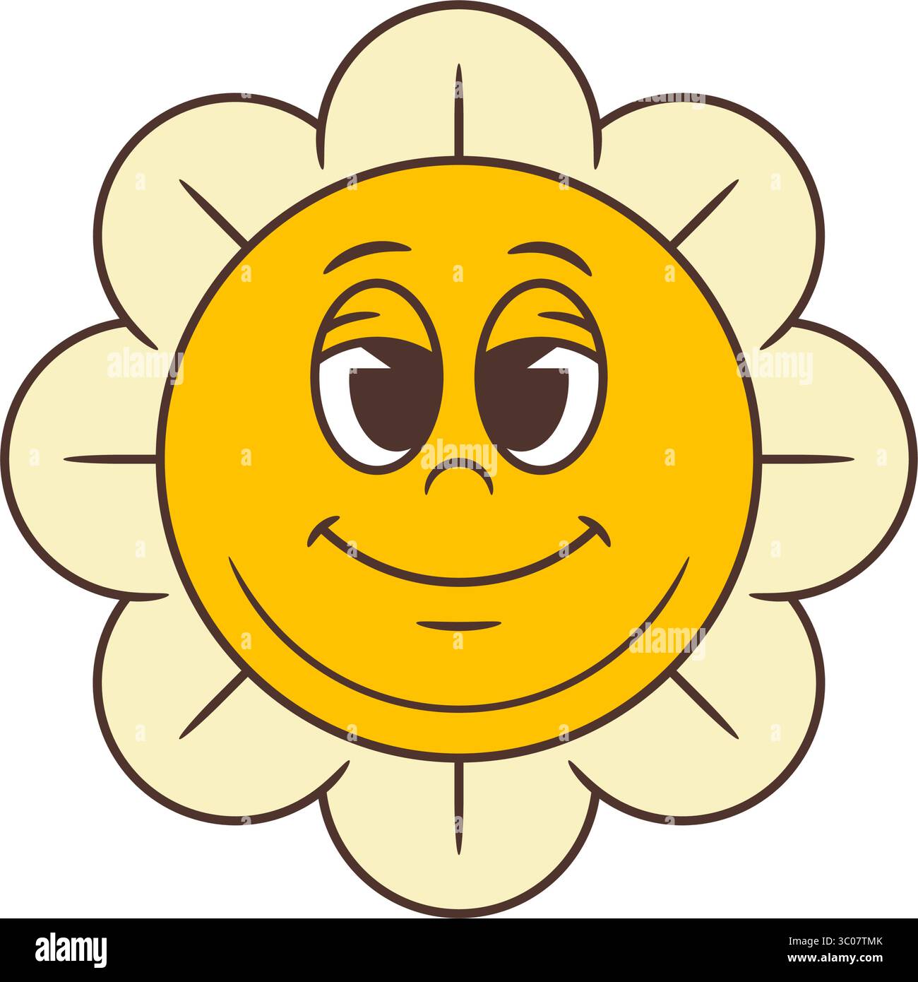Cheerful cartoon sun with expressive half-closed eyes, a playful grin ...