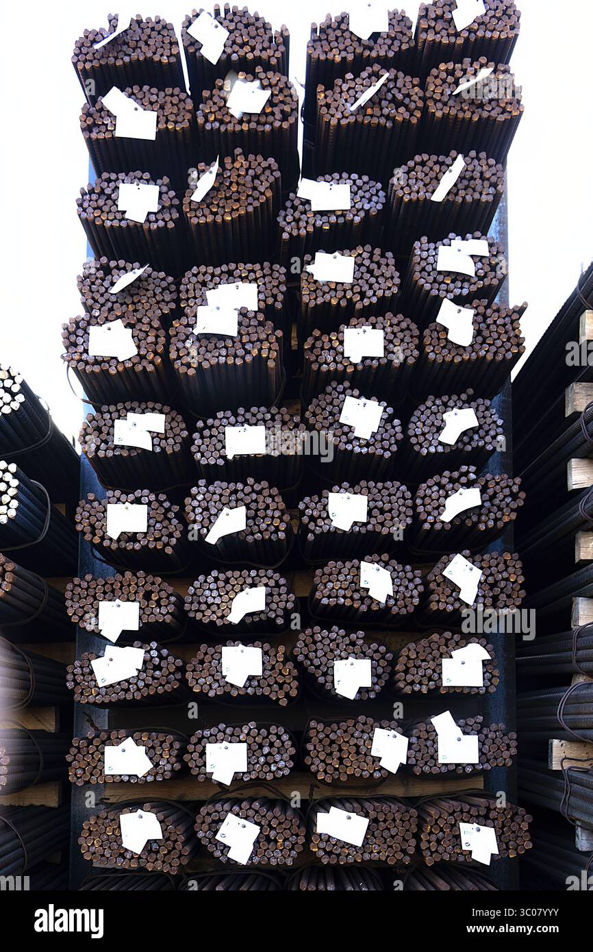 Stacked Reinforcing Steel Bars with Labels for Transport Stock Photo ...