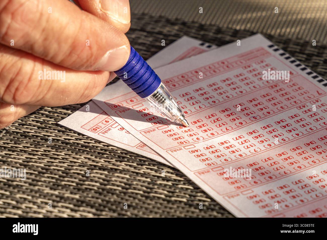 Crossing out lucky numbers in a big money draw, a lottery ticket ...