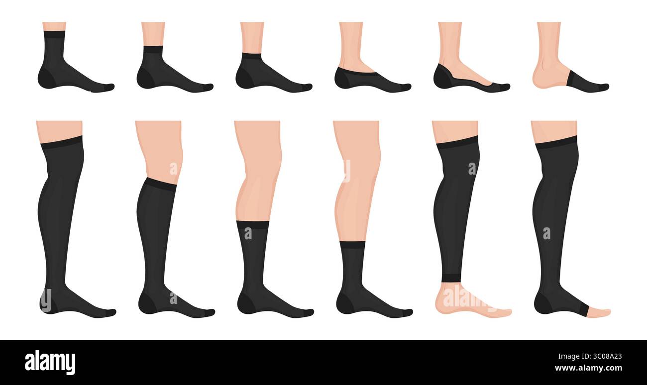 Different types of socks showing how they fit on feet and legs Stock ...