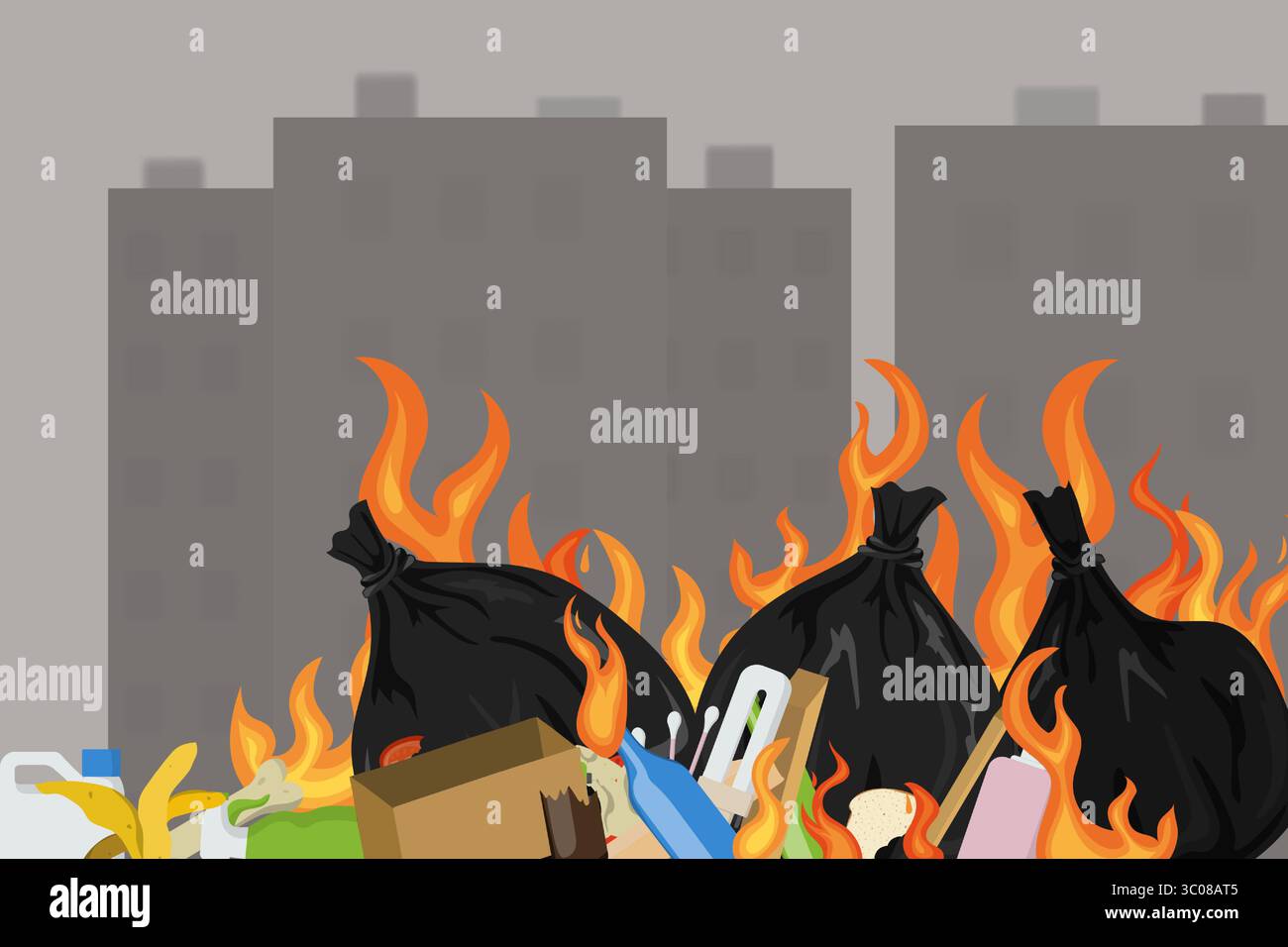 Burning garbage bags polluting a city with smoke and flames Stock ...