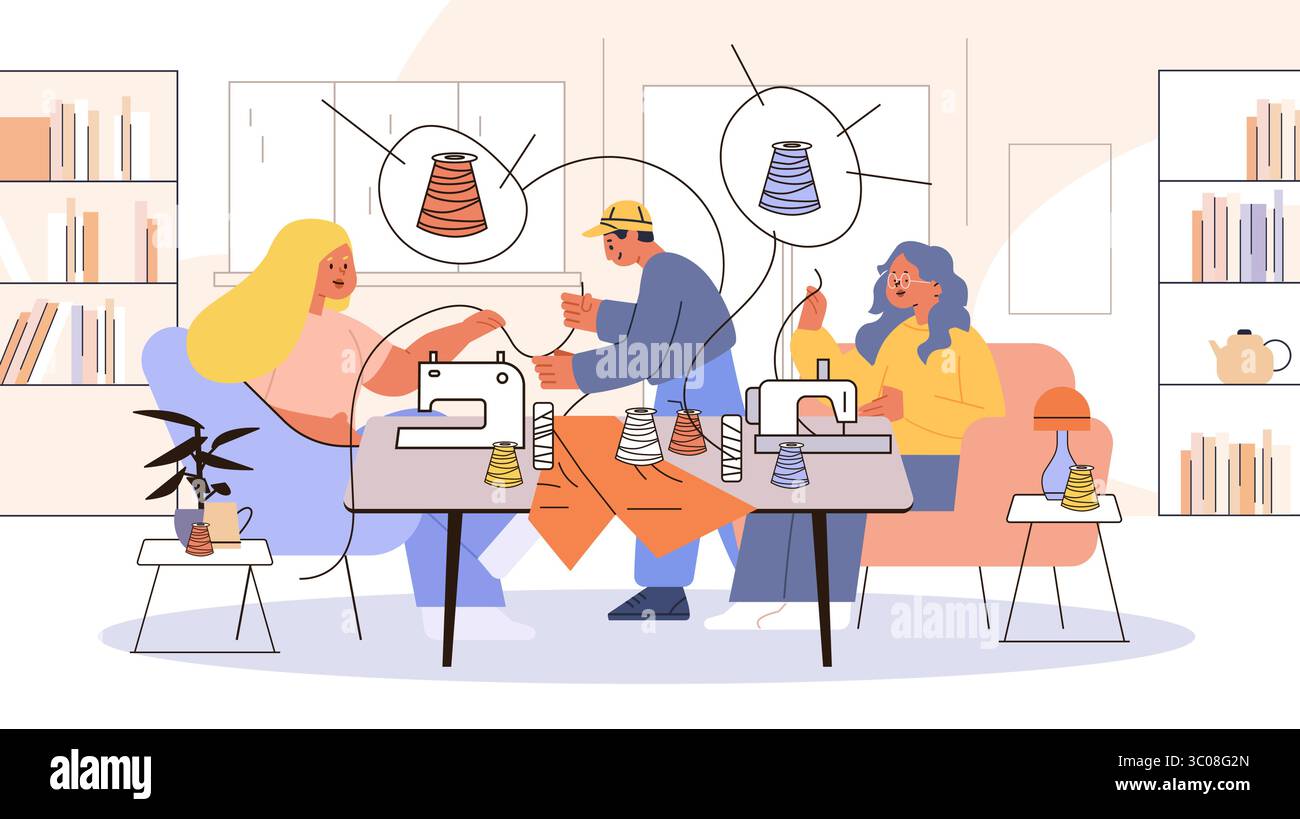 Sewing hobby group creative teamwork home interior people using sewing ...