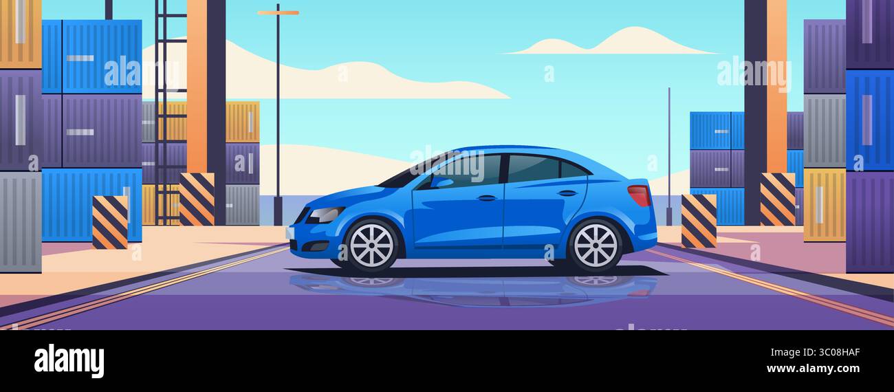 Blue car shipping containers trade war concept. A blue car parked ...