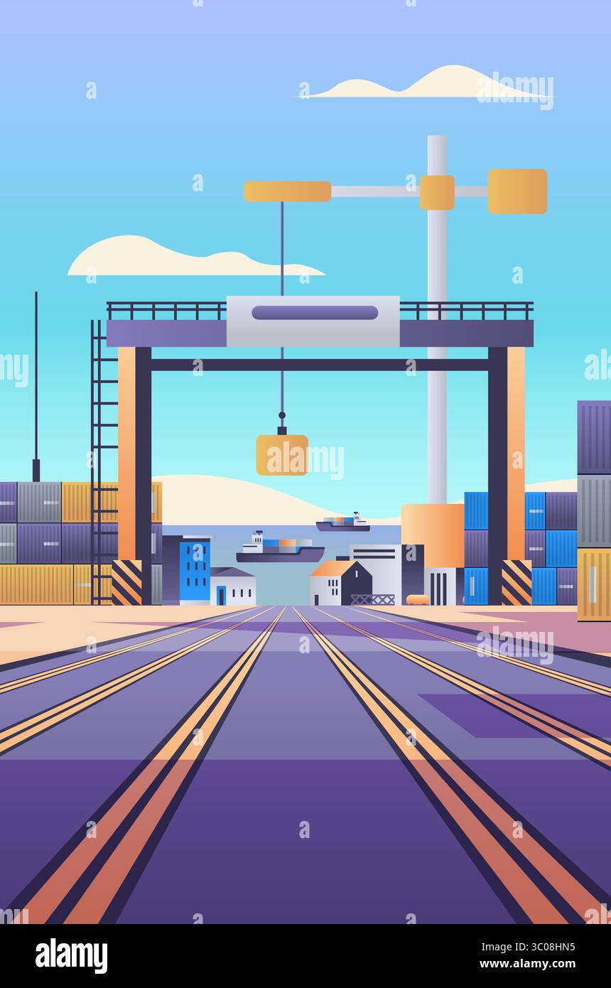 Shipping port with cranes and containers trade concept. Industrial ...