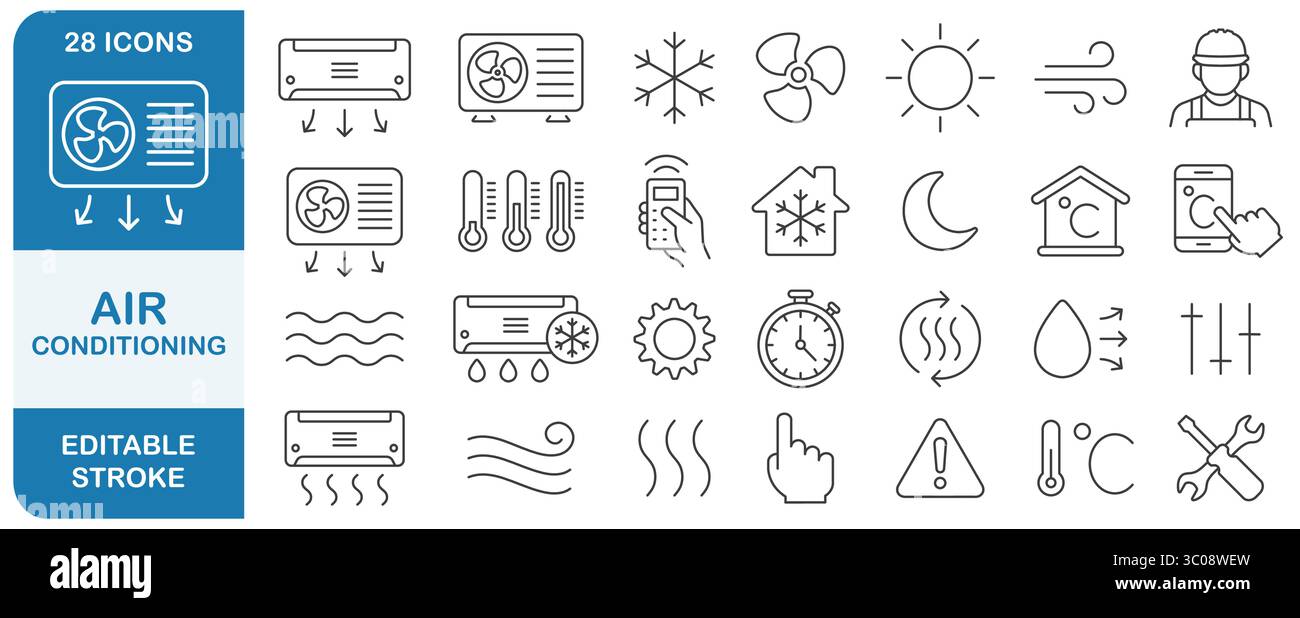 Air Conditioning editable stroke line icon symbol set. Air conditioner ...