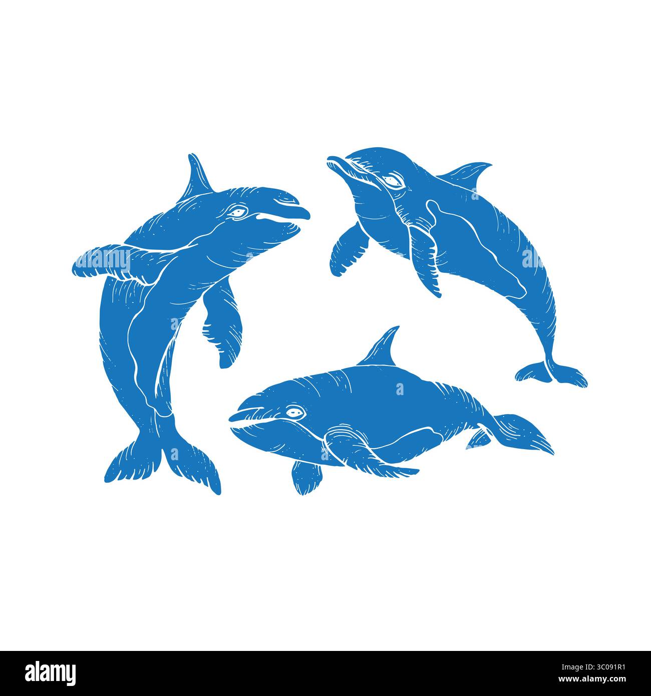 Vector hand drawn illustration of dolphins blue filling without stroke ...