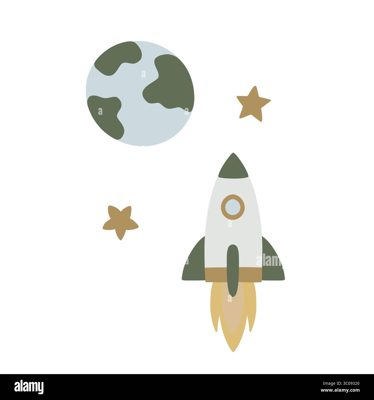 Cartoon spaceship launching from earth surrounded by stars, perfect for ...