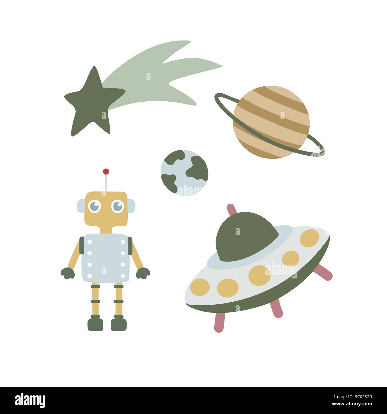 Whimsical illustration featuring a robot, spaceship, planets, and ...