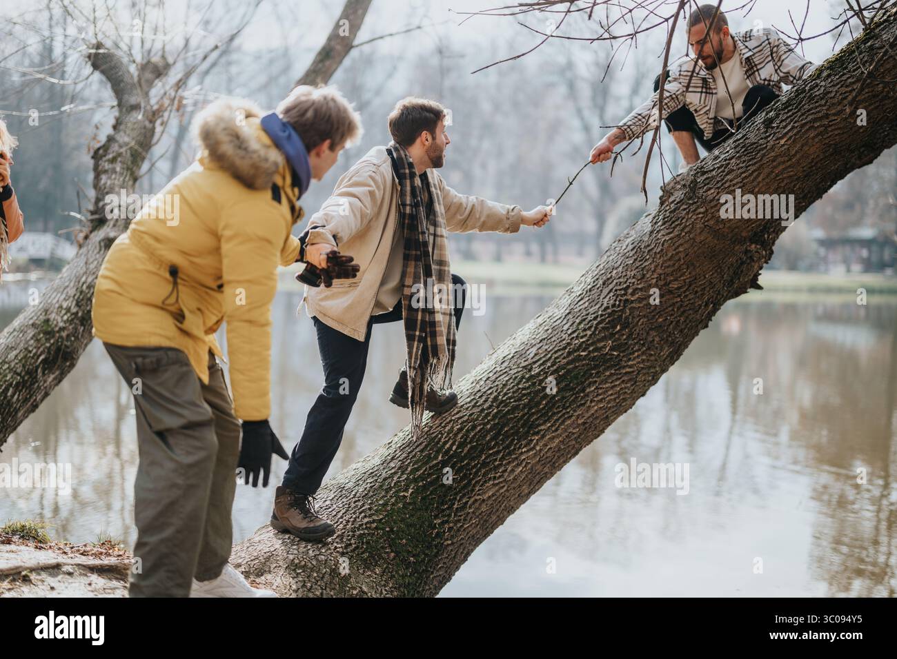 Friends helping each other cross a tree over a lake on an adventure ...