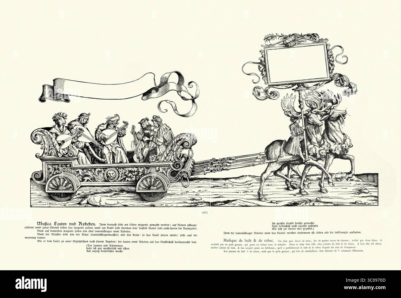 Renaissance art, musicians playing lutes on a float, Parade, Men riding ...