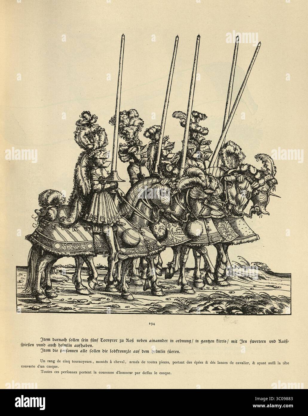 Renaissance art, Tournament Knights in armour, carrying lances, mounted ...