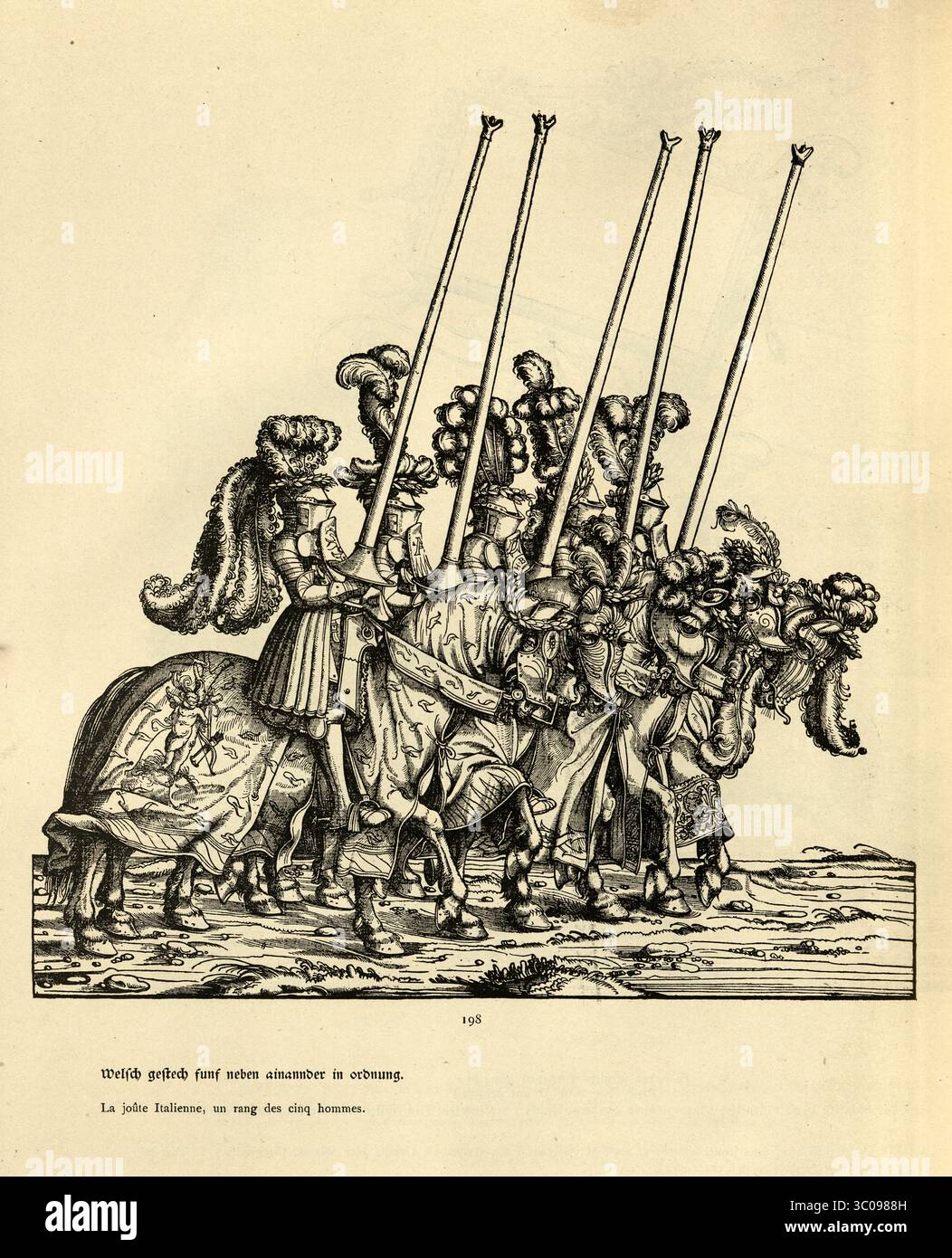 Renaissance art, Tournament Knights in armour, carrying lances, mounted ...