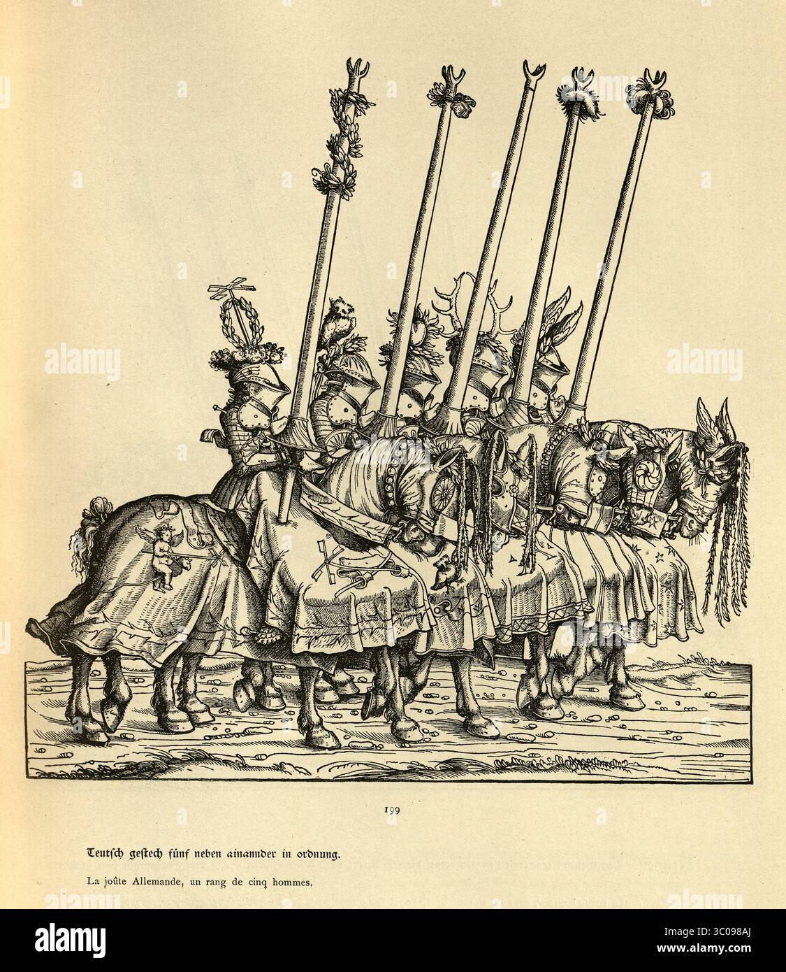 Renaissance art, Tournament Knights in armour, carrying lances, mounted ...