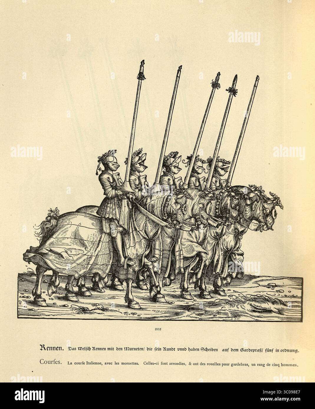 Renaissance art, Tournament Knights in armour, carrying lances, mounted ...