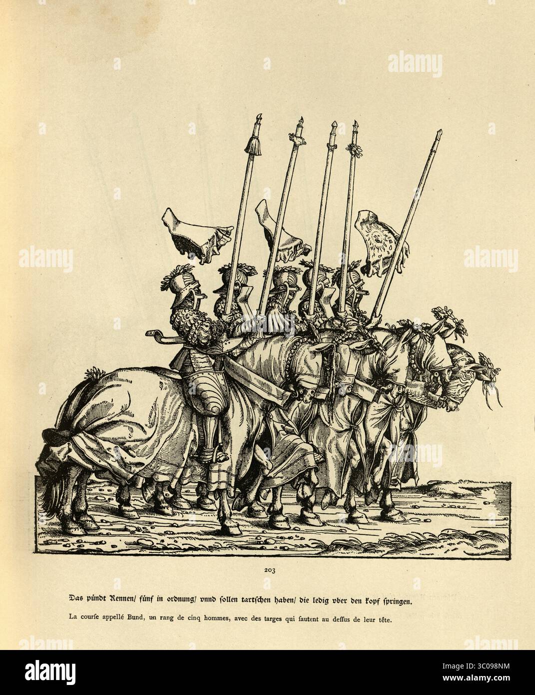 Renaissance art, Tournament Knights in armour, carrying lances, mounted ...