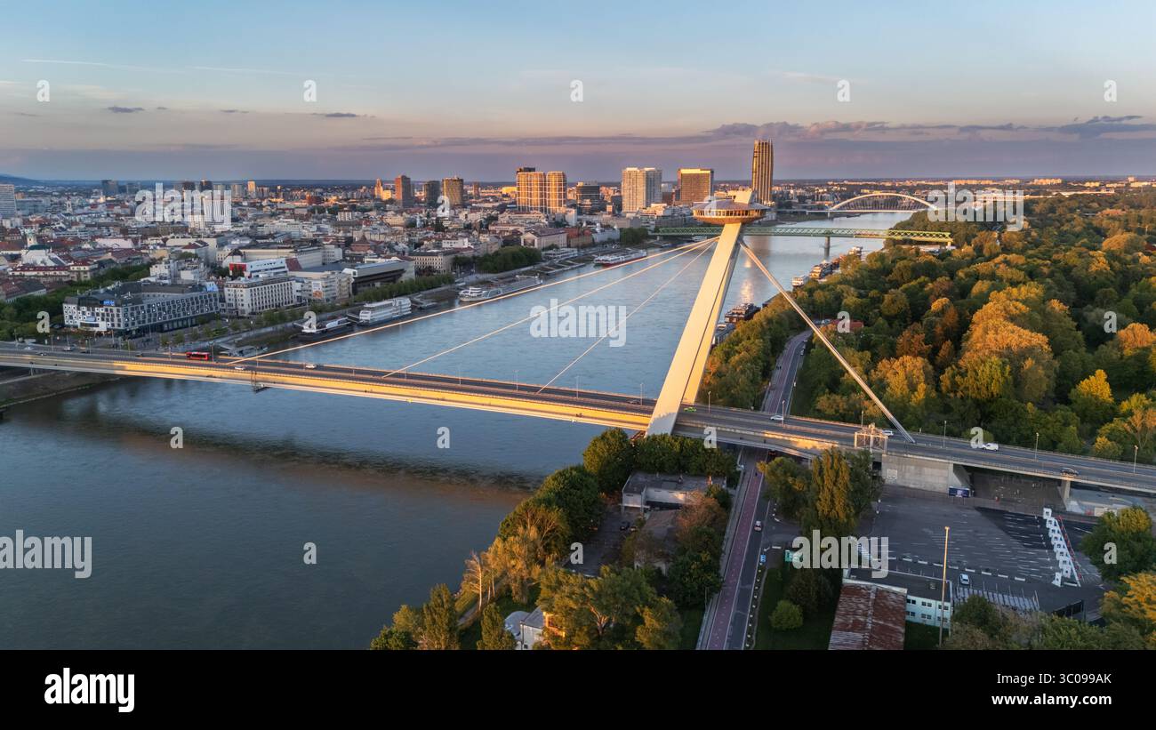 Aerial view of the graceful Most SNP bridge stretching over the ...