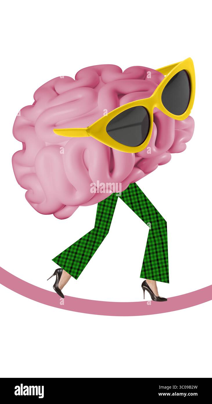 Surreal collage art of walking brain in sunglasses and high heels ...