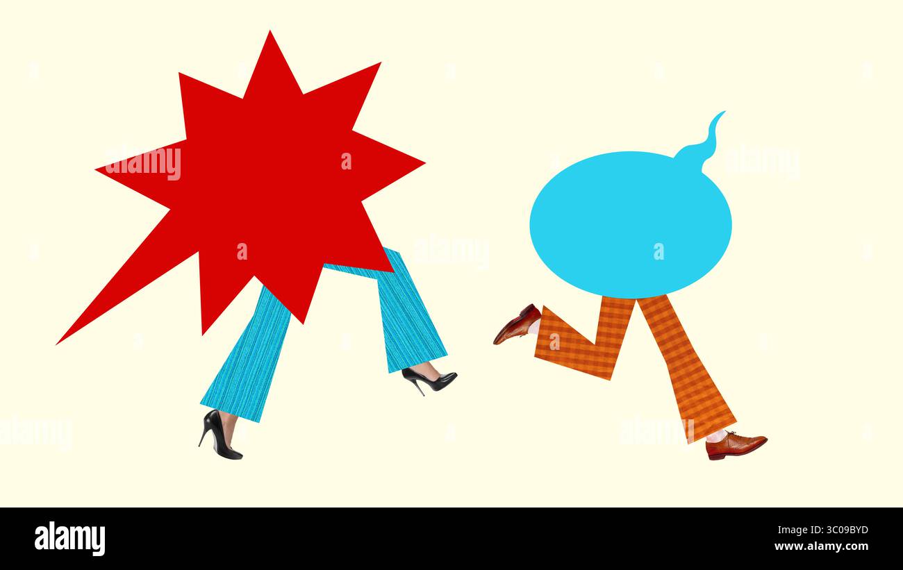 Digital artwork of red star and blue speech bubble characters walking ...