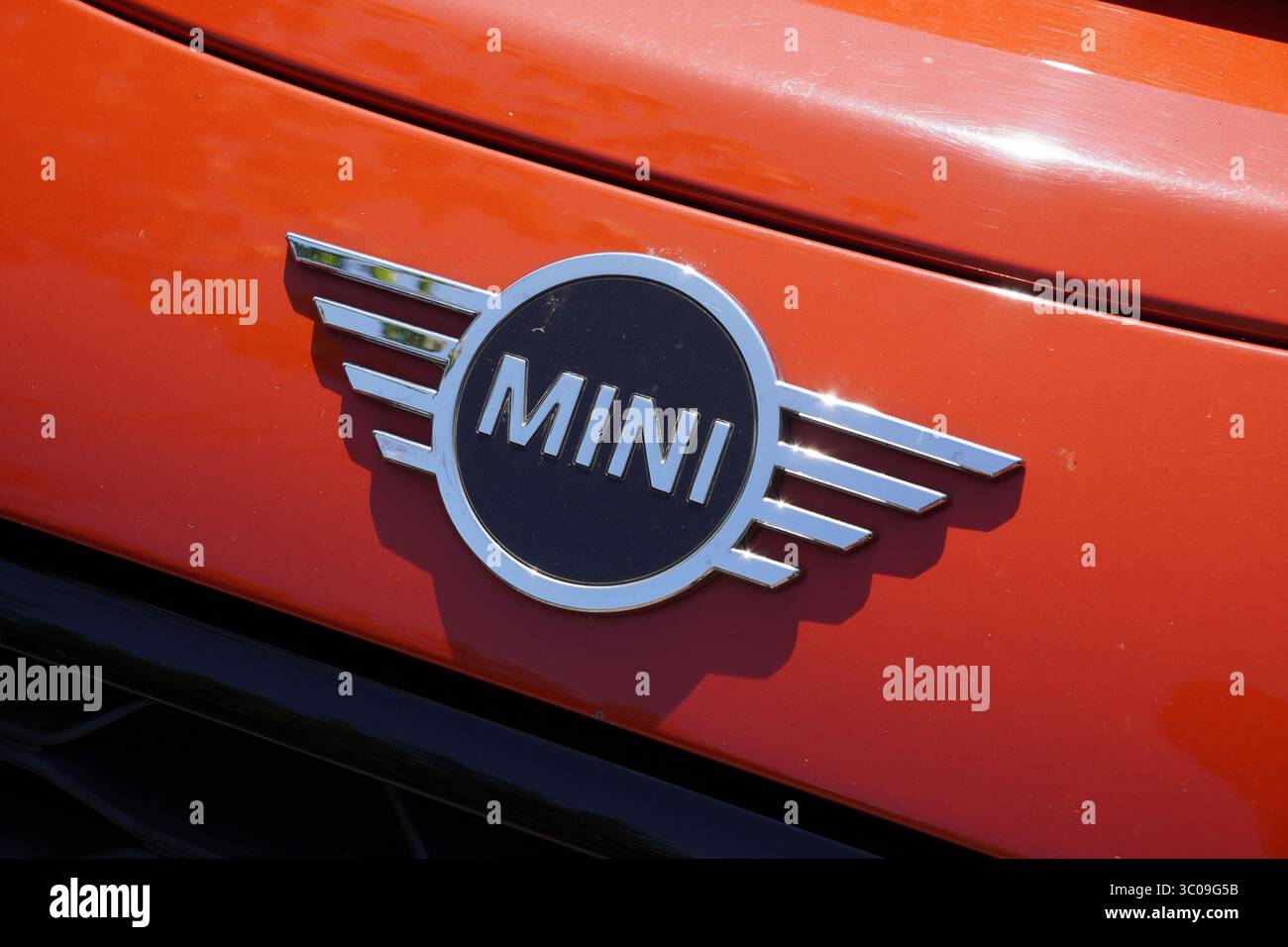 Mini car brand logo on red vehicle in Brighton England 11 June 2025 ...
