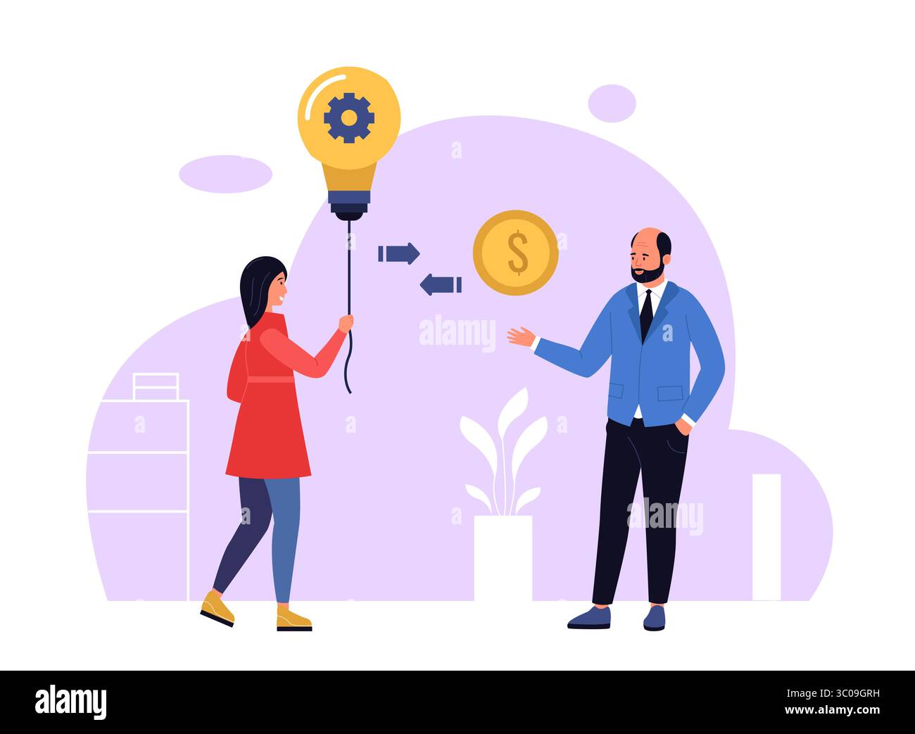 Woman offering idea symbolized by lightbulb to investor exchange for ...