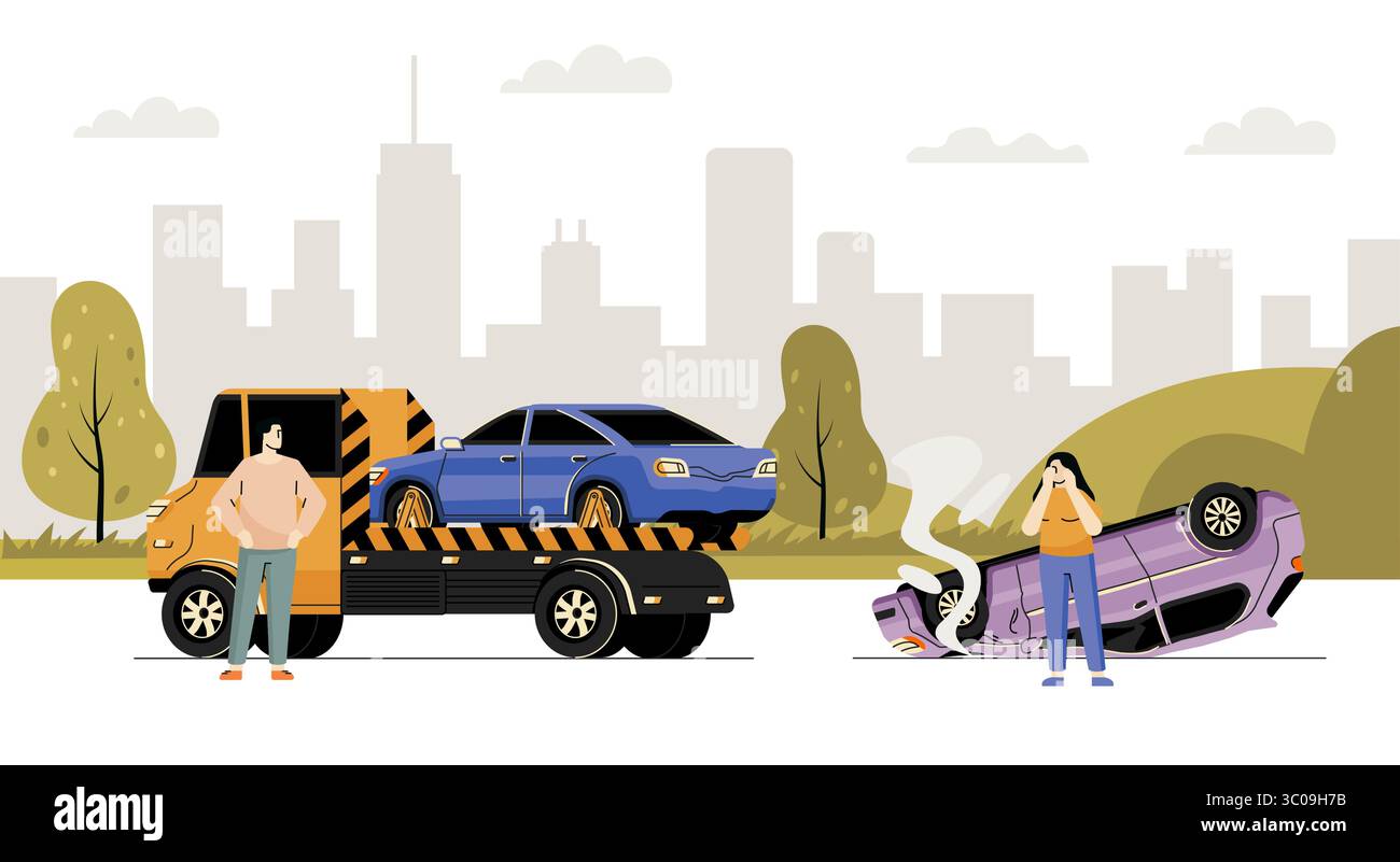 Road emergency. Tow truck loading damaged car after urban road accident ...