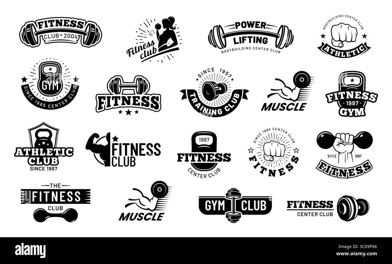 Retro fitness center logos. Black and white collection with barbells ...