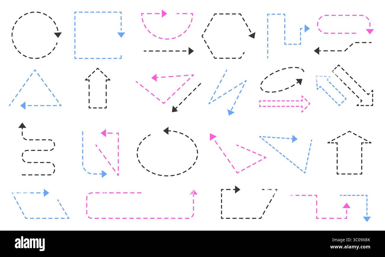 Dash line arrows. Dotted sketchy direction arrow marks, simple curved straight arrowed pointers ...