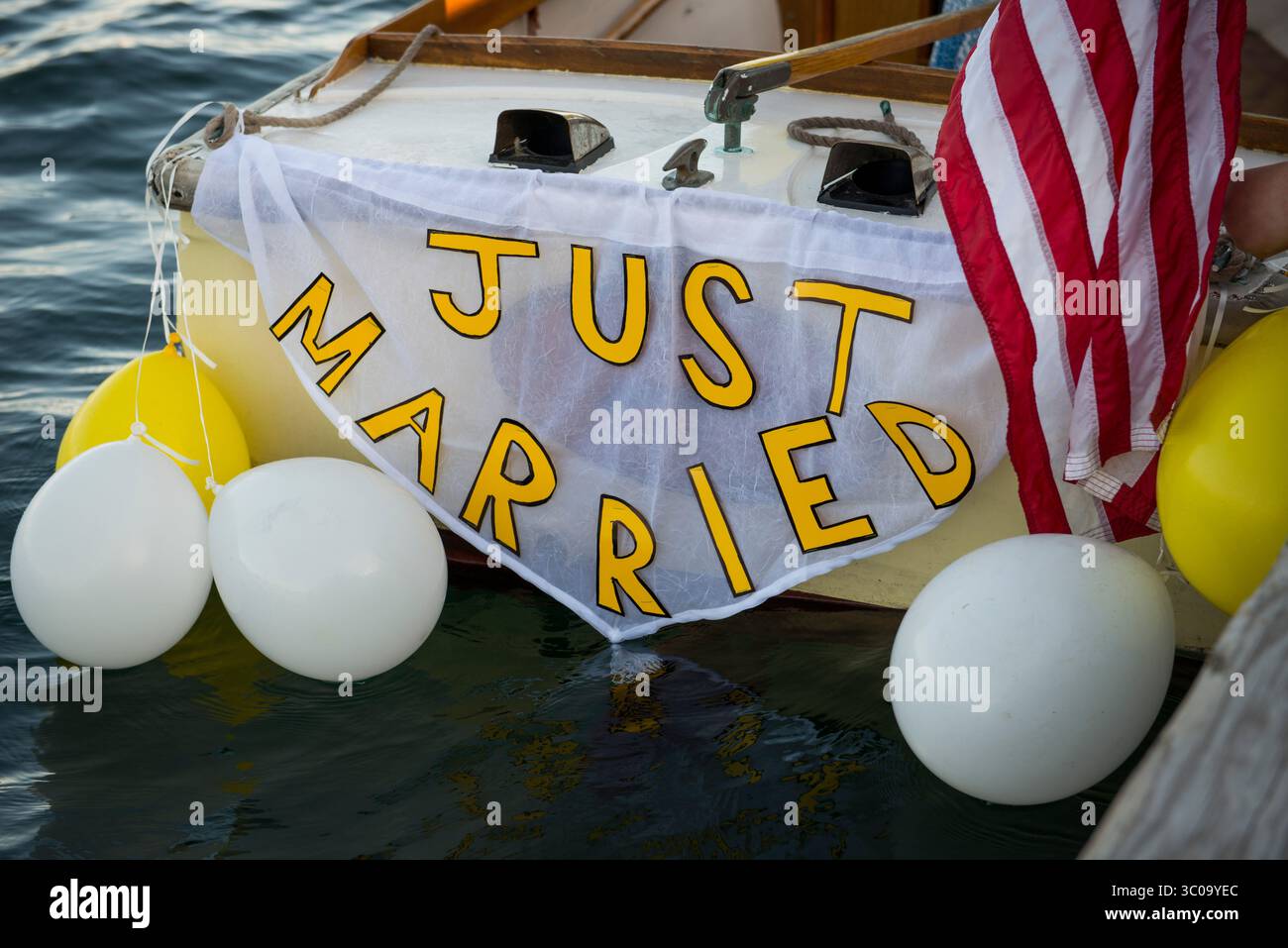 ust Married Boat with Balloons and Flag at Seaside Wedding Stock Photo ...