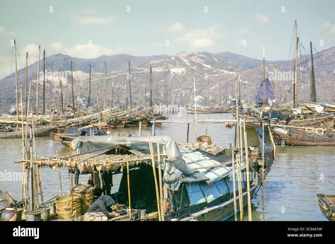 Fishing boats Chinese junks ships in harbour, Macau, Asia 1964 Stock ...