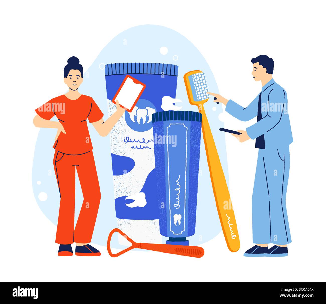 Male and female dentists showing giant toothbrush and toothpaste ...