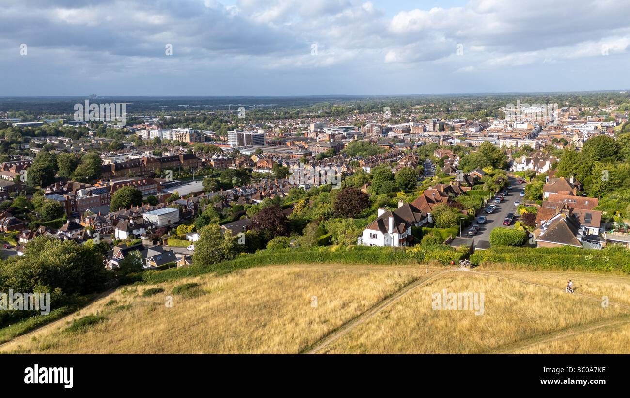 Aerial view of rooftops and buildings merging with green spaces, with ...