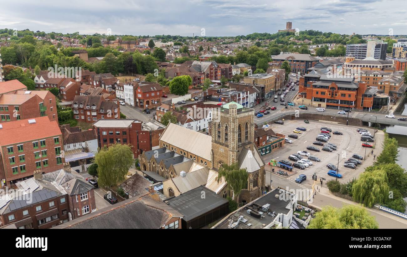 Aerial view of the Holy Trinity Church's tower stands tall amidst the ...