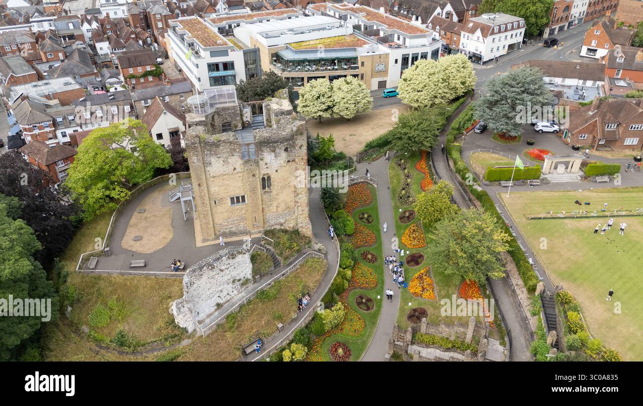 Aerial view of Guildford Castle's weathered stone tower rising above ...